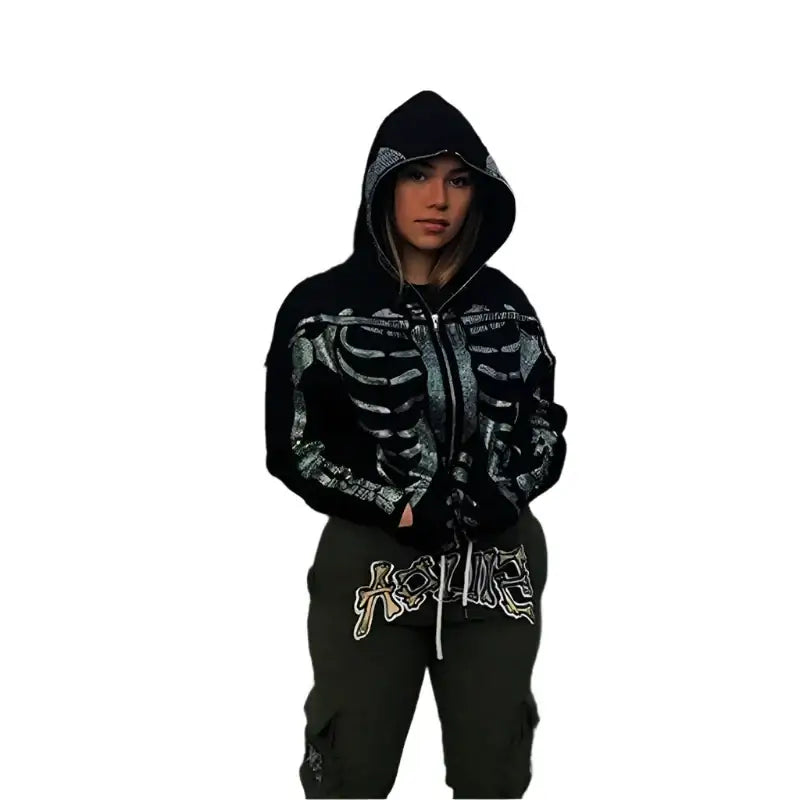 Skeleton Rhinestone Hoodie - Y2K Zone®